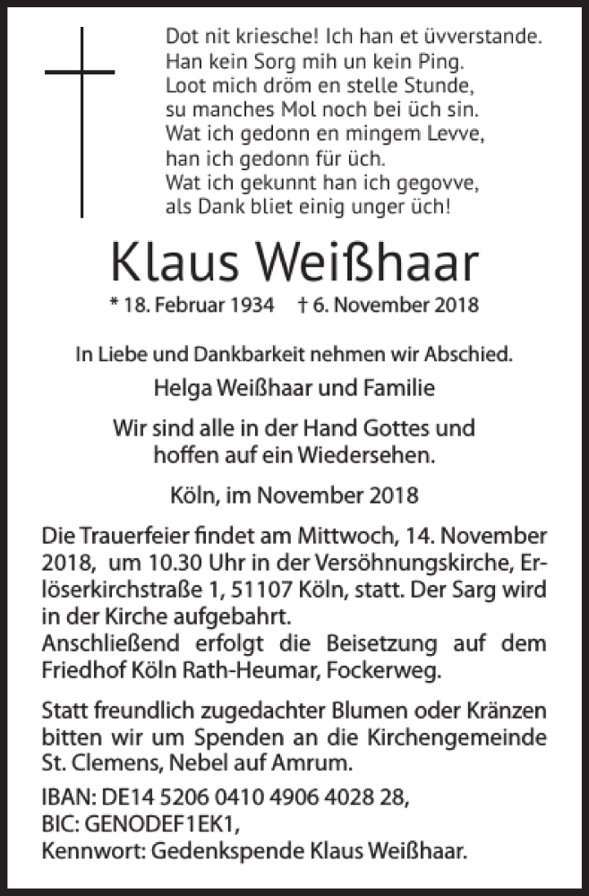 Traueranzeigen von Klaus Weißhaar | sh:z Trauer