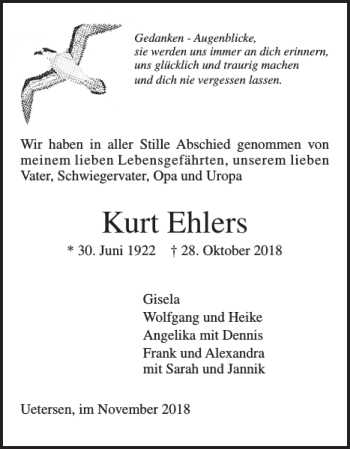Traueranzeigen von Kurt Ehlers | sh:z Trauer