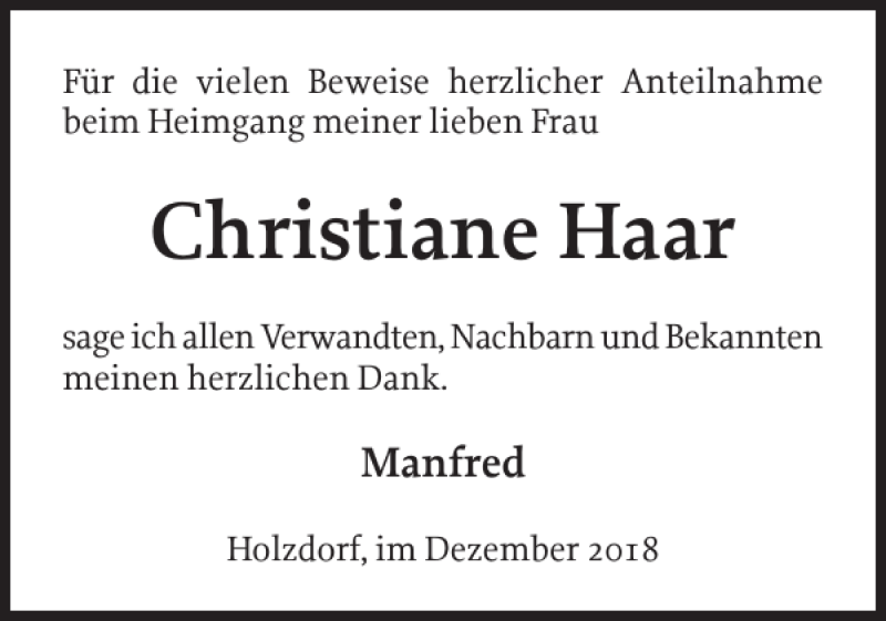 Traueranzeigen von Christiane Haar | sh:z Trauer