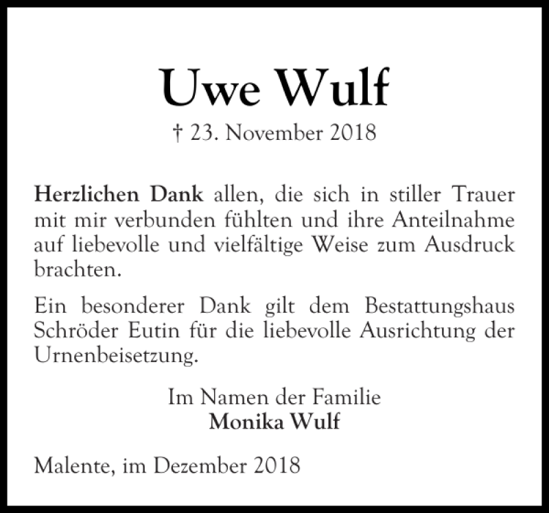 Traueranzeigen von Uwe Wulf | sh:z Trauer