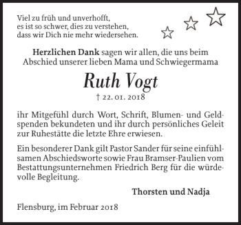 Traueranzeigen von Ruth Vogt | sh:z Trauer