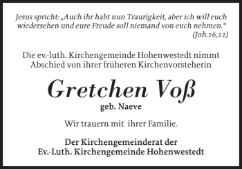 Traueranzeigen von Gretchen Voß | sh:z Trauer