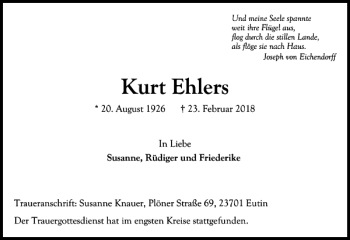Traueranzeigen von Kurt Ehlers | sh:z Trauer