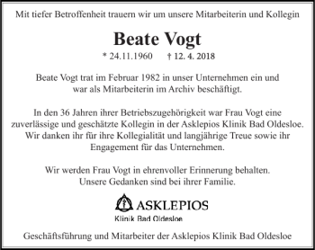 Traueranzeigen von Beate Vogt | sh:z Trauer