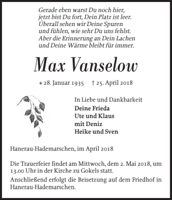Traueranzeigen von Max Vanselow | sh:z Trauer
