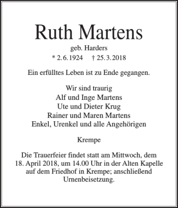 Traueranzeigen von Ruth Martens | sh:z Trauer