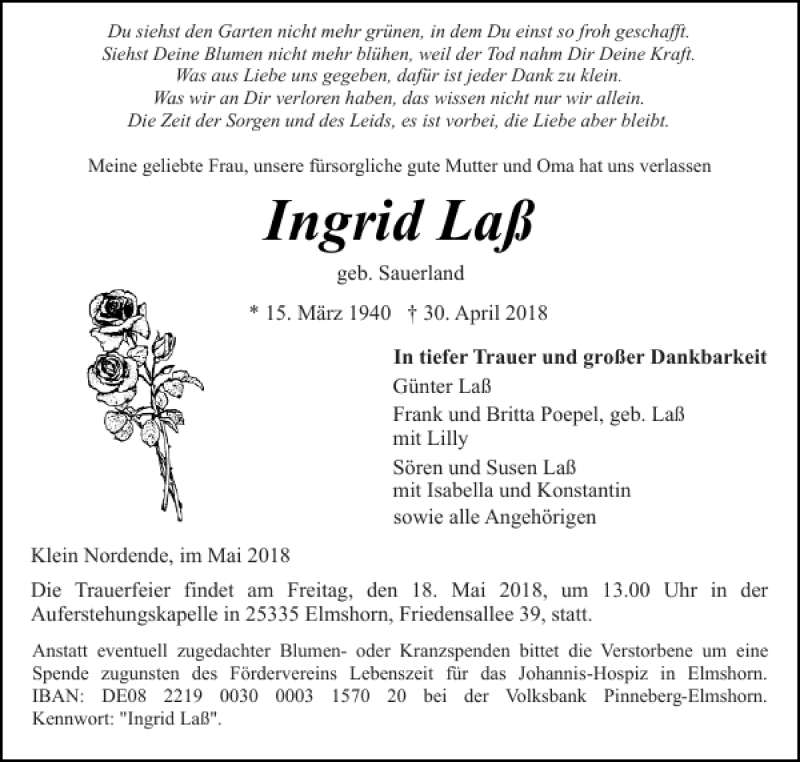 Traueranzeigen von Ingrid Laß | sh:z Trauer