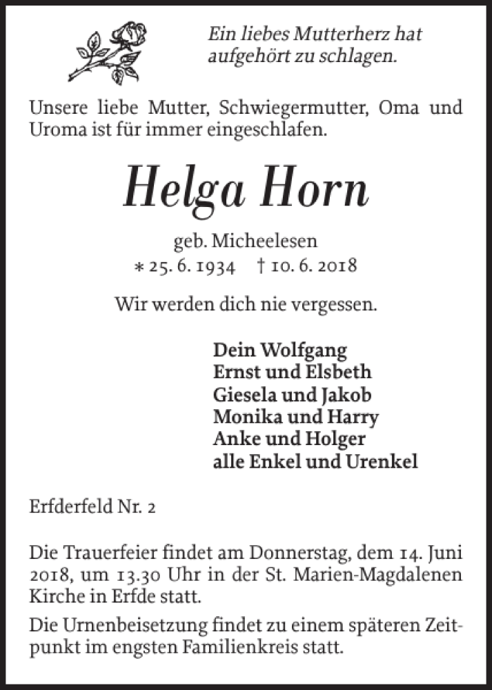 Traueranzeigen von Helga Horn | sh:z Trauer