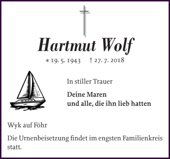 Traueranzeigen von Hartmut Wolf | sh:z Trauer