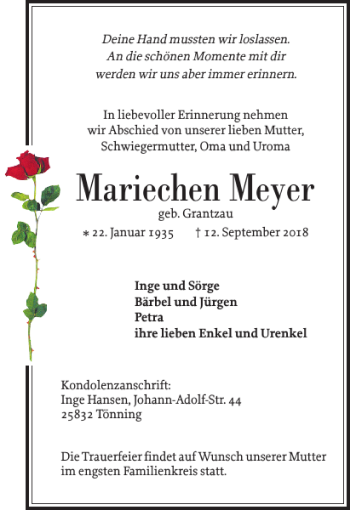 Traueranzeigen von Mariechen Meyer | sh:z Trauer