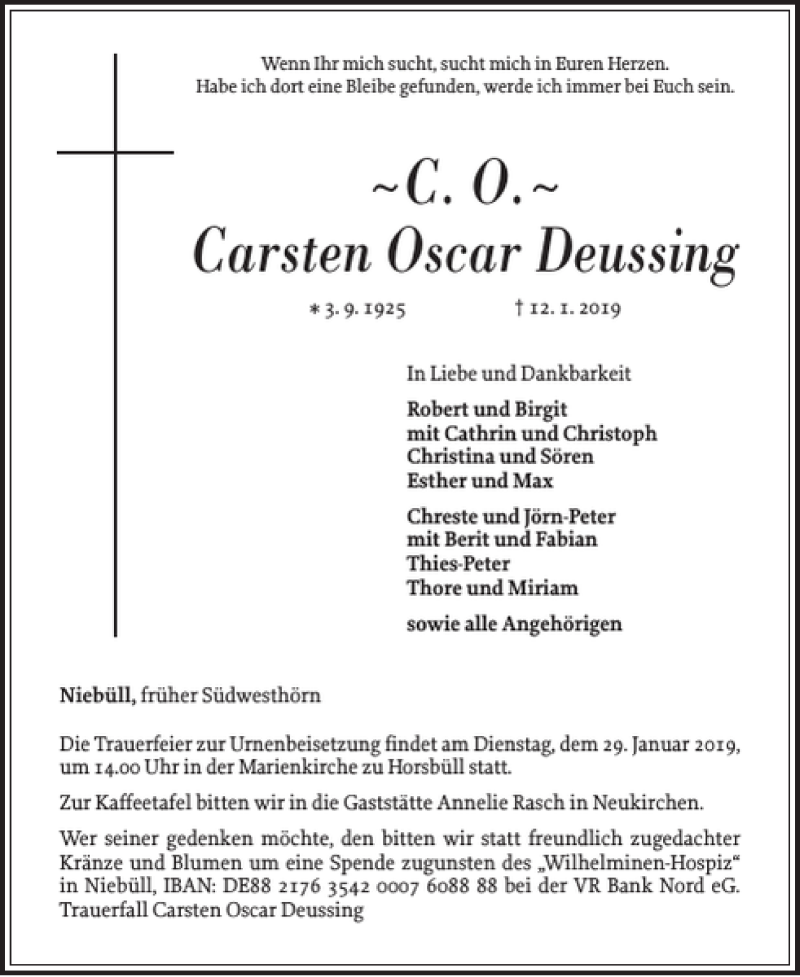 Traueranzeigen von C. O. Carsten Oscar Deussing | sh:z Trauer