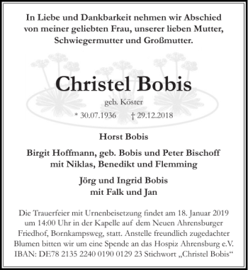 Traueranzeigen von Christel Bobis | sh:z Trauer