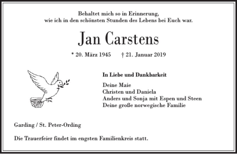 Traueranzeigen von Jan Carstens | sh:z Trauer