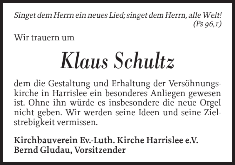 Traueranzeigen von Klaus Schultz | sh:z Trauer