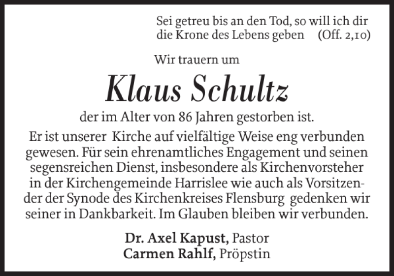 Traueranzeigen von Klaus Schultz | sh:z Trauer