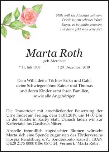 Traueranzeigen von Marta Roth | sh:z Trauer