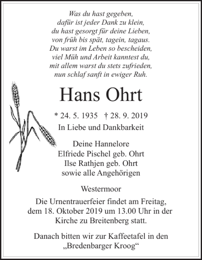 Traueranzeigen von Hans Ohrt | sh:z Trauer