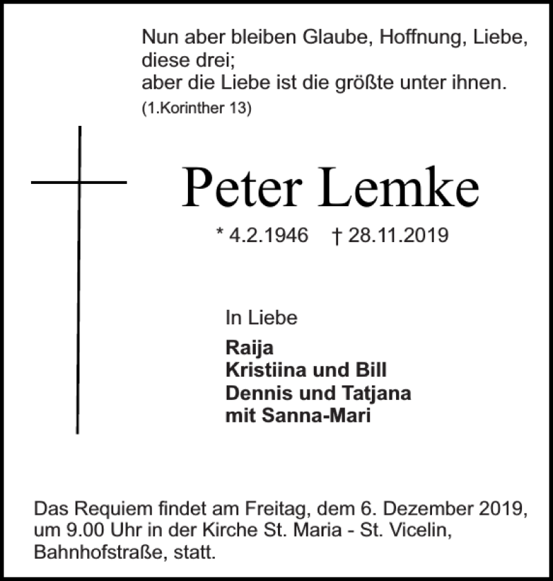 Traueranzeigen von Peter Lemke | sh:z Trauer
