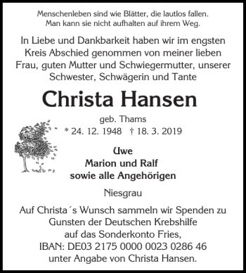 Traueranzeigen von Christa Hansen | sh:z Trauer