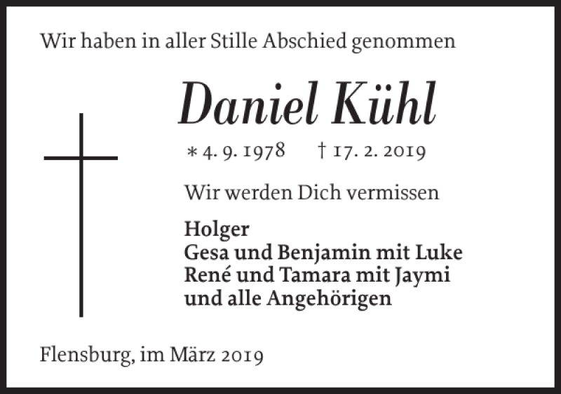 Traueranzeigen von Daniel Kühl | sh:z Trauer