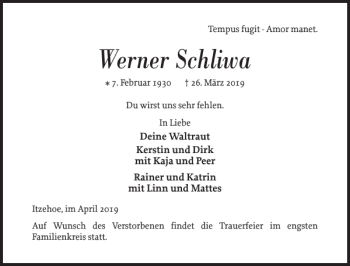 Traueranzeigen von Werner Schliwa | sh:z Trauer