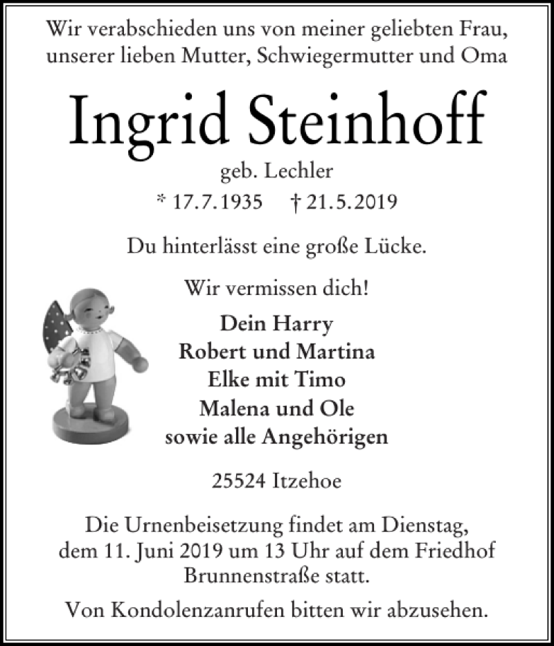 Traueranzeigen von Ingrid Steinhoff | sh:z Trauer