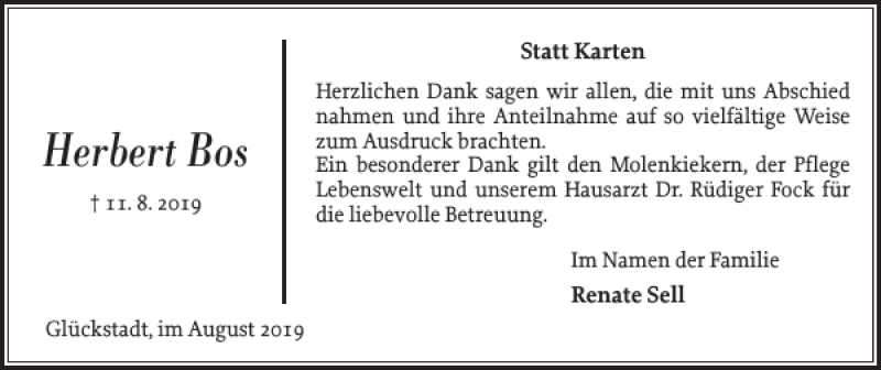 Traueranzeigen von Herbert Bos | sh:z Trauer