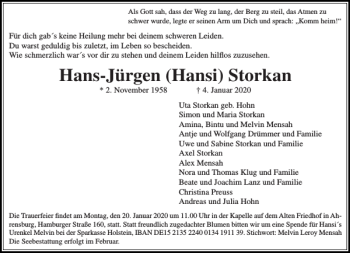 Traueranzeigen von Hans-Jürgen Hansi Storkan | sh:z Trauer