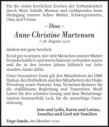Traueranzeigen von Anne Christine Martensen | sh:z Trauer