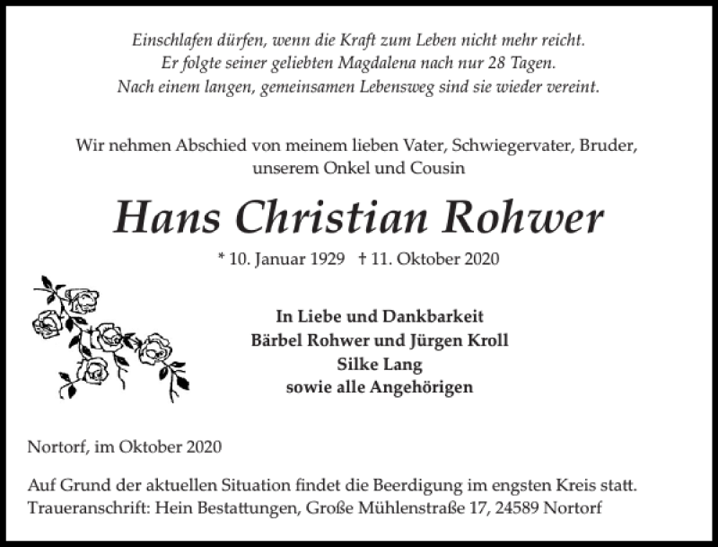 Traueranzeigen von Hans Christian Rohwer | sh:z Trauer