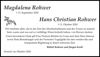 Traueranzeigen von Hans Christian Rohwer Magdalena Rohwer | sh:z Trauer
