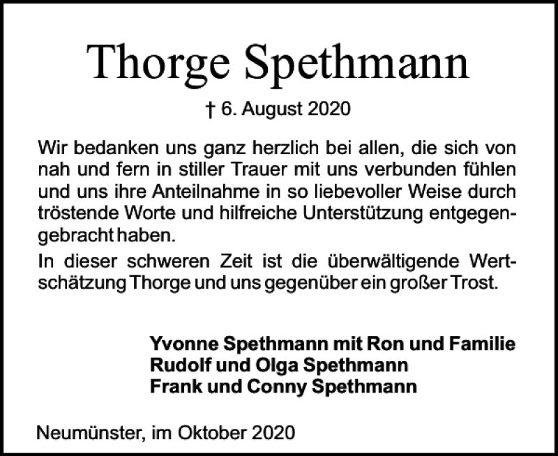 Traueranzeigen von Thorge Spethmann | sh:z Trauer