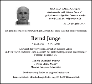 Traueranzeigen von Bernd Junge | sh:z Trauer