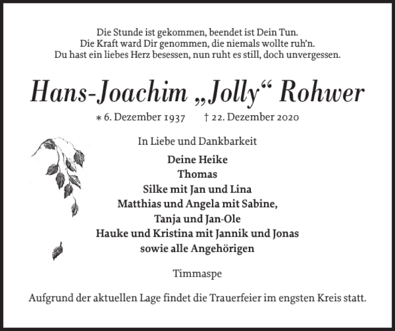 Traueranzeigen von Hans-Joachim Jolly Rohwer | sh:z Trauer