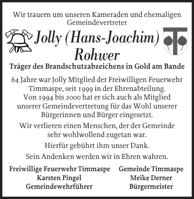 Traueranzeigen von Jolly Hans-Joachim Rohwer | sh:z Trauer
