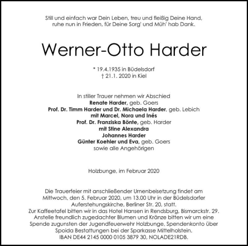 Traueranzeigen von Werner-Otto Harder | sh:z Trauer