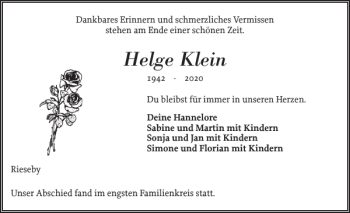 Traueranzeigen von Helge Klein | sh:z Trauer