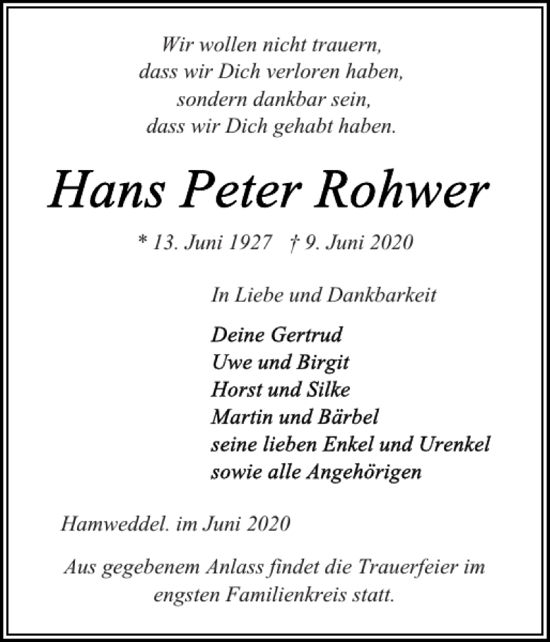 Traueranzeigen von Hans Peter Rohwer | sh:z Trauer