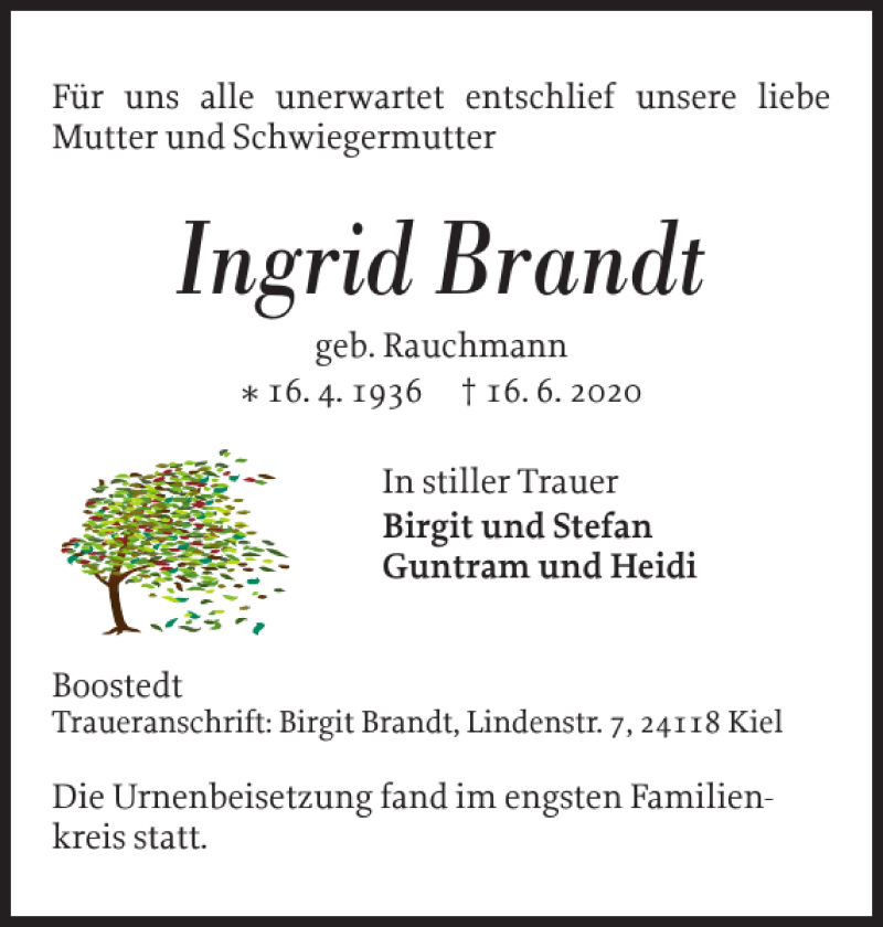 Traueranzeigen von Ingrid Brandt | sh:z Trauer