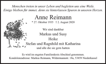 Traueranzeigen von Anne Reimann | sh:z Trauer