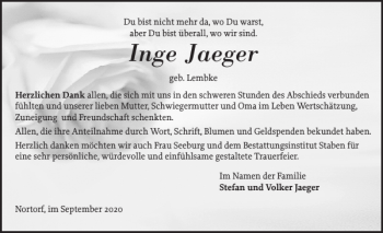 Traueranzeigen von Inge Jaeger | sh:z Trauer