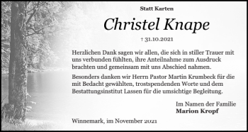 Traueranzeigen von Christel Knape | sh:z Trauer