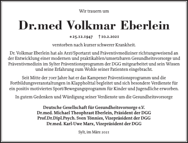 Traueranzeigen von Dr. med Volkmar Eberlein | sh:z Trauer