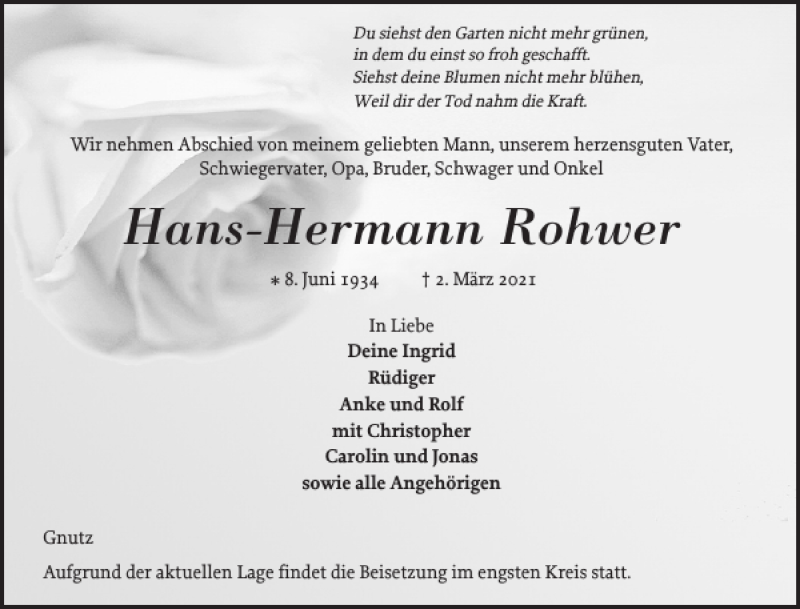 Traueranzeigen von Hans-Hermann Rohwer | sh:z Trauer