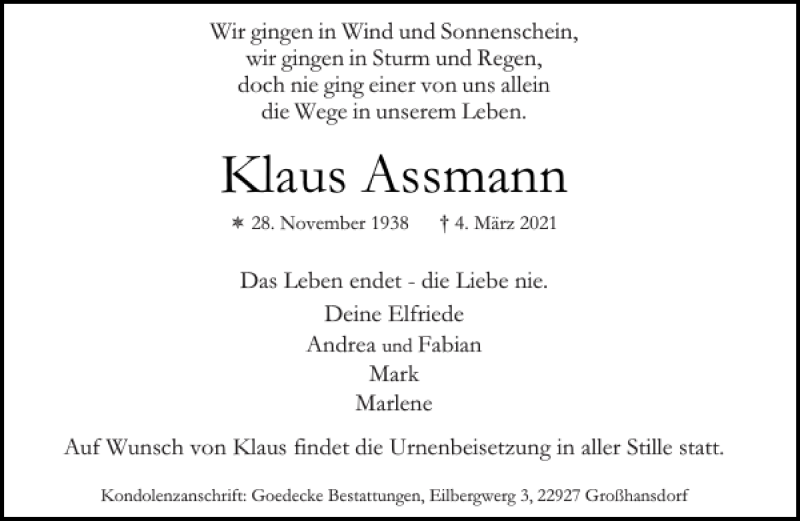 Traueranzeigen von Klaus Assmann | sh:z Trauer