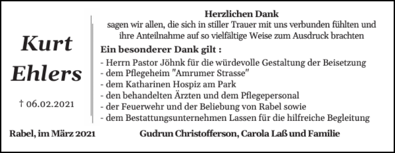 Traueranzeigen von Kurt Ehlers | sh:z Trauer