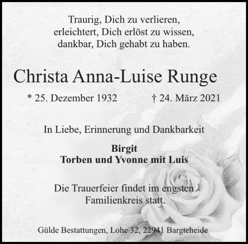 Traueranzeigen von Christa Anna-Luise Runge | sh:z Trauer