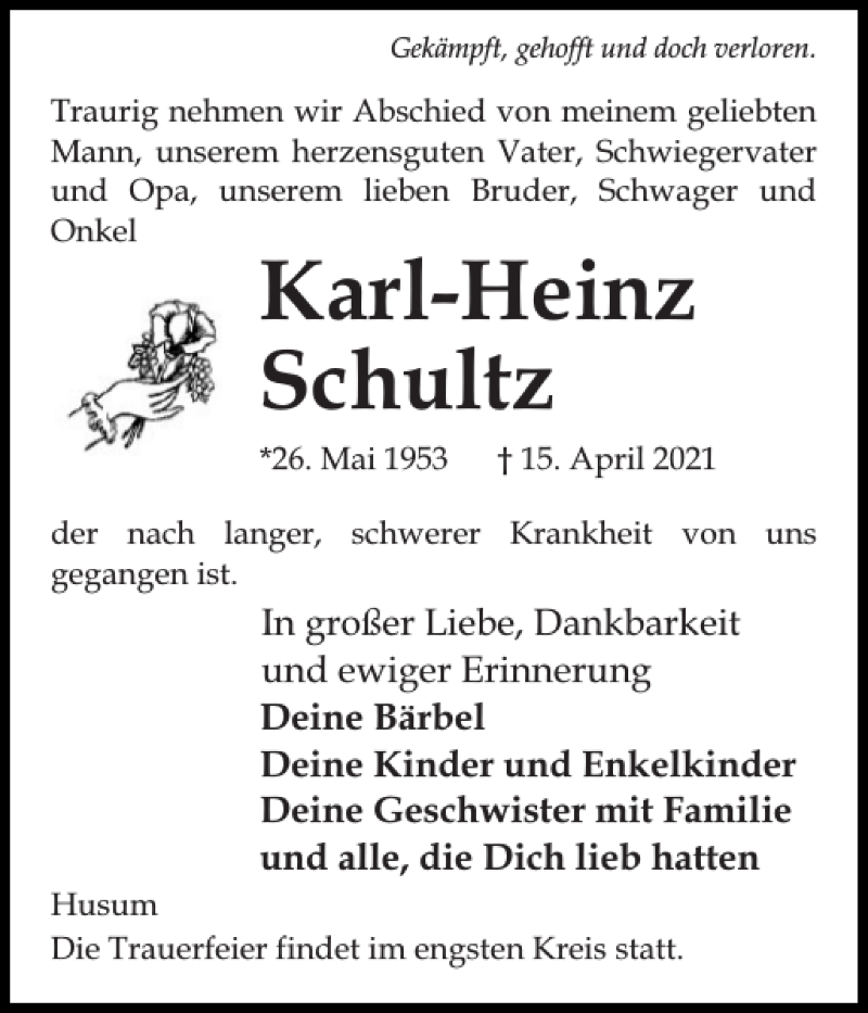 Traueranzeigen von Karl-Heinz Schultz | sh:z Trauer