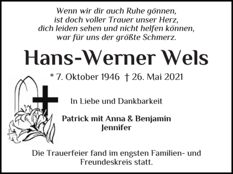 Traueranzeigen von Hans-Werner Wels | sh:z Trauer