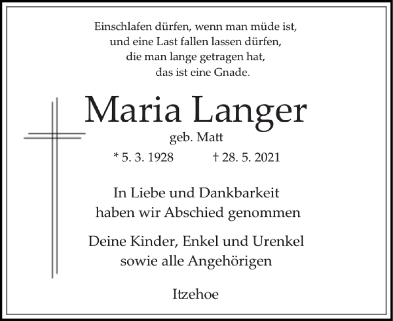 Traueranzeigen von Maria Langer | sh:z Trauer